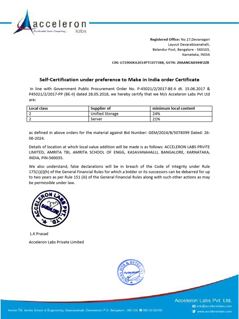 Self-Certification Under Preference To Make in India Order Certificate ...