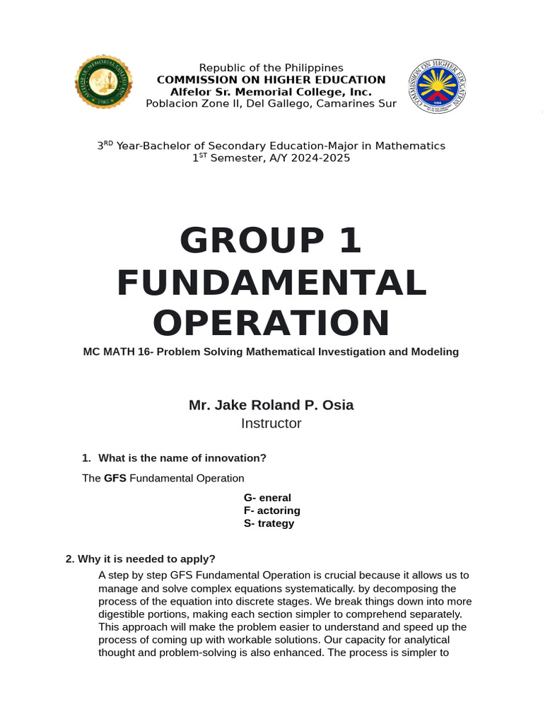 Group 1 (MC Math 16) Fundamental Operation | PDF