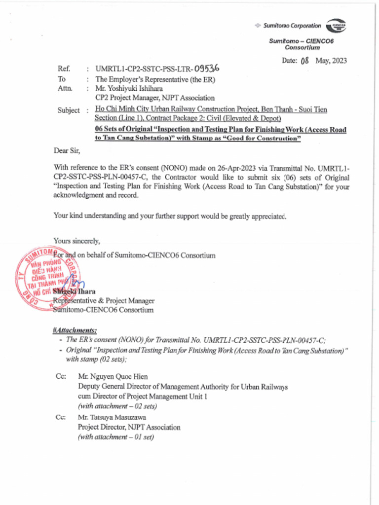 UMRTL1-CP2-SSTC-PSS-LTR-09536 - Six Sets of Original ITP For Finishing Work (Access Road To TC ...