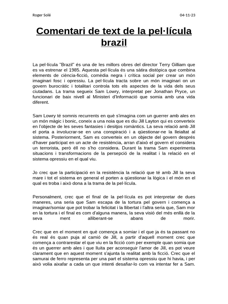 Comentari de Text de La Película Brazil | PDF