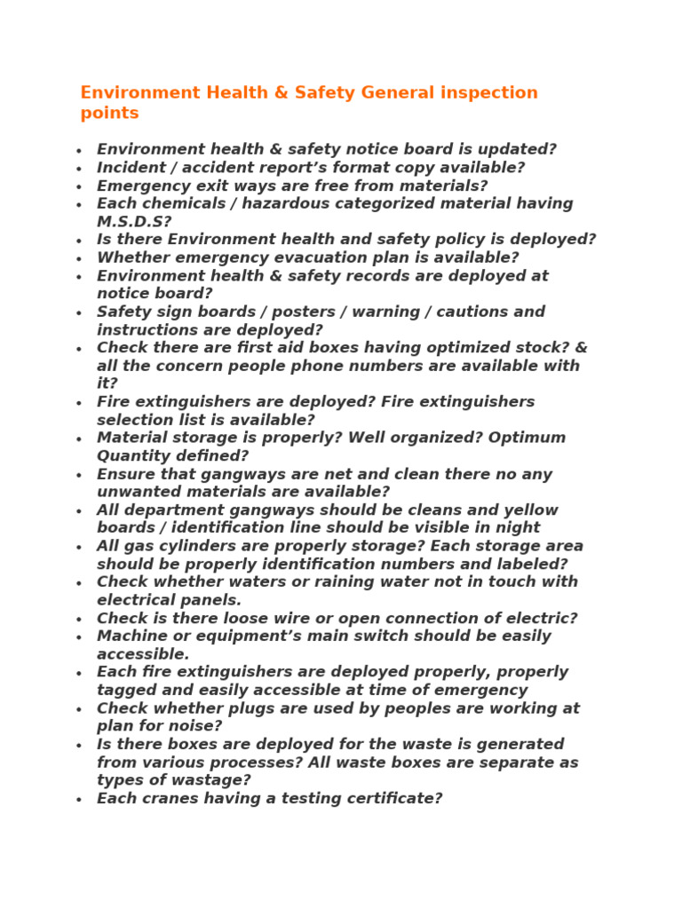 Environment Health & Safety General inspection points | PDF