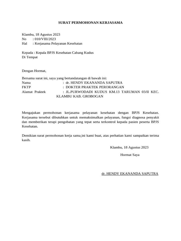 Surat Permohonan Kerjasama Bpjs | PDF