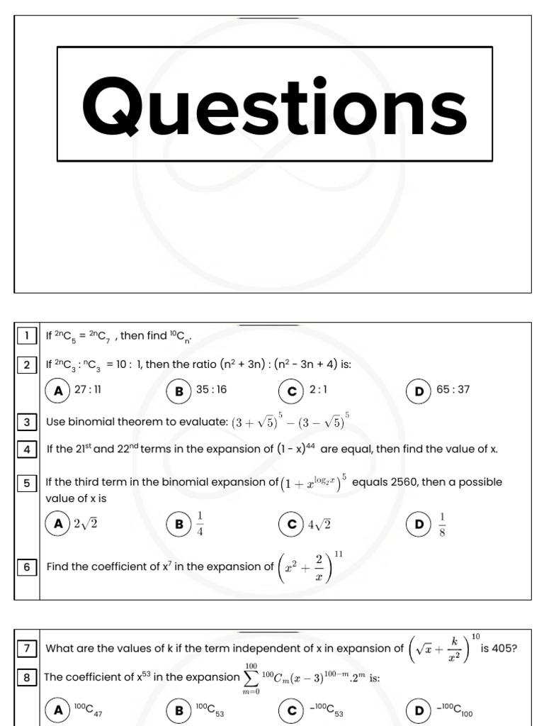 Binomial theorem - One Shot - Question Sheet | PDF