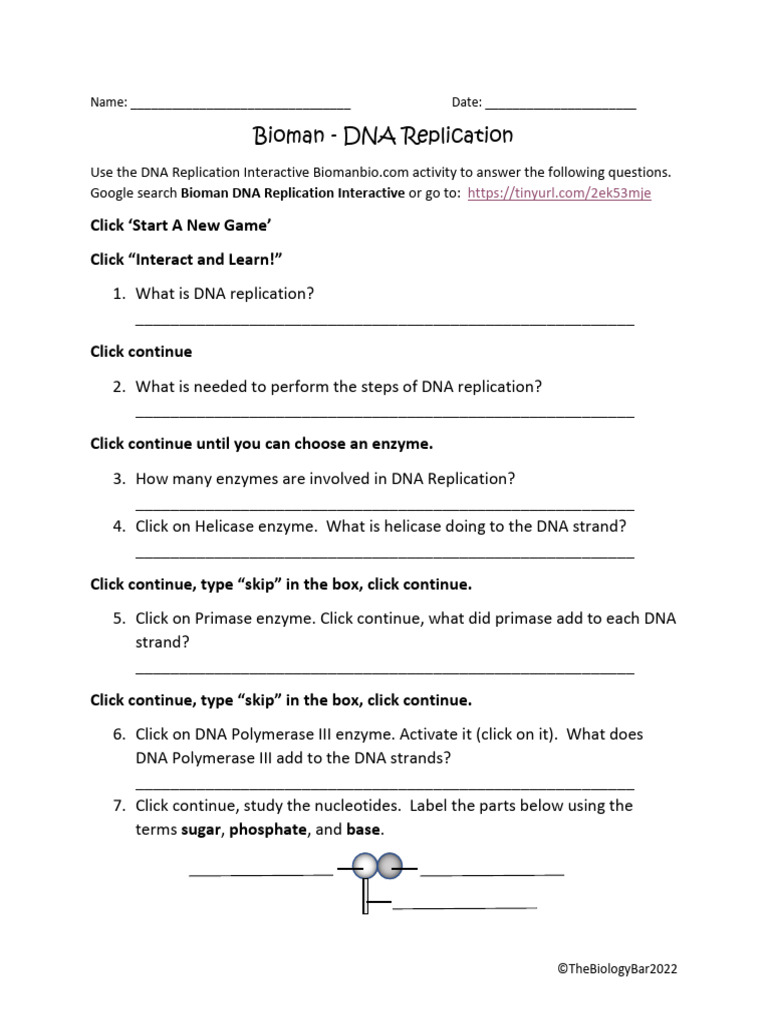 Bioman DNA Replication WKSHT | PDF