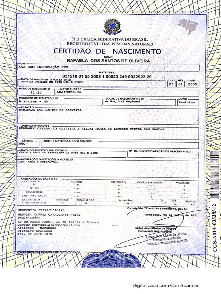 Certidao Nasc Rafaela | PDF