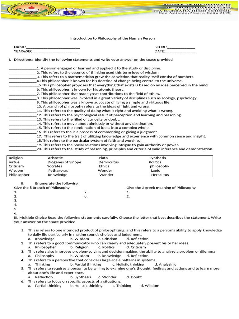 Philosophy Quiz for Students | PDF | Desserts | Career & Growth