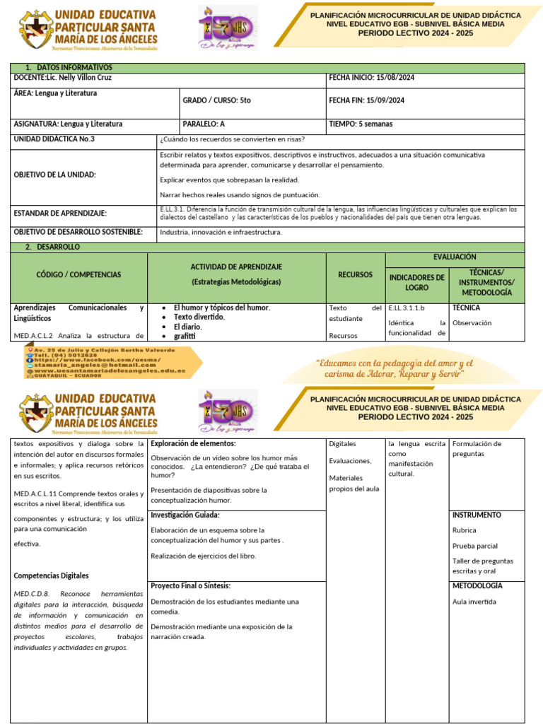 PUD 3 Lengua Y Literatura 2024 - 2025 5A | PDF | Evaluación | Aprendizaje