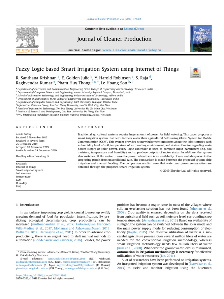 Fuzzy Logic Based Smart Irrigation System Using Internet Of Things Pdf