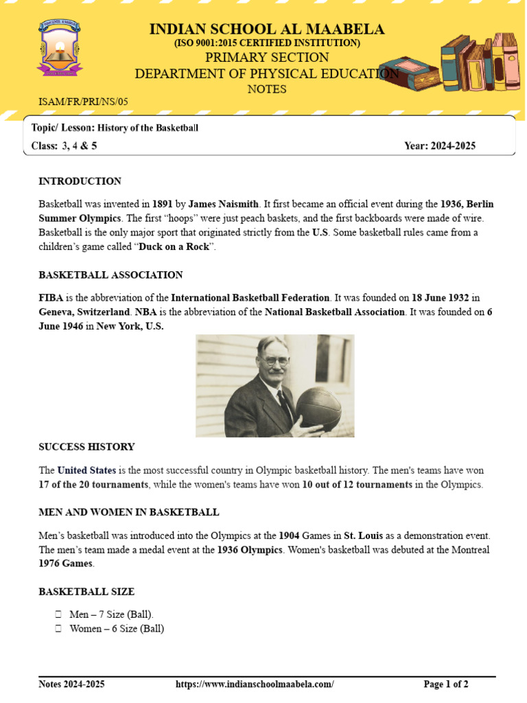 Term I 2024-2025 History of The Basketball Notes | PDF
