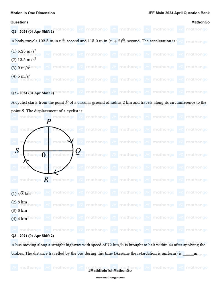 Physics Motion 1D Pyqs Jee Mains | PDF