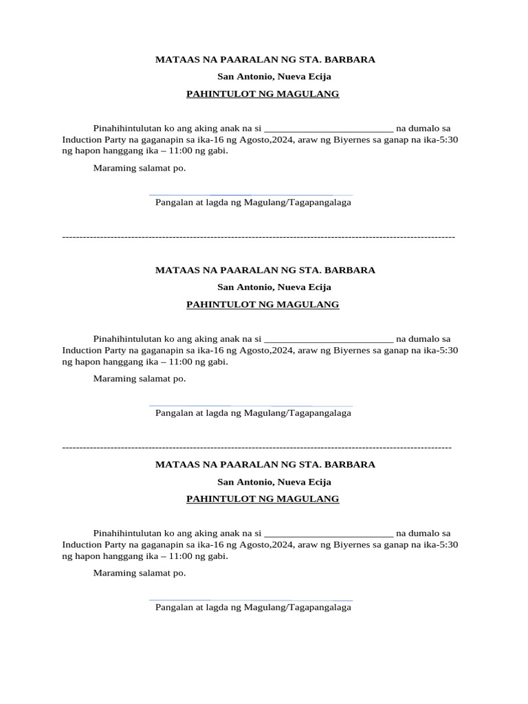 Pahintulot NG Magulang | PDF