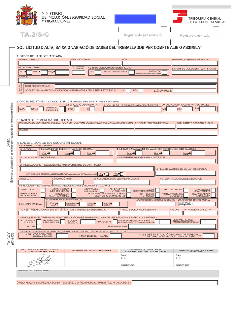 TA.2/S-C: Sol Licitud D'Alta, Baixa O Variació de Dades Del Treballador ...