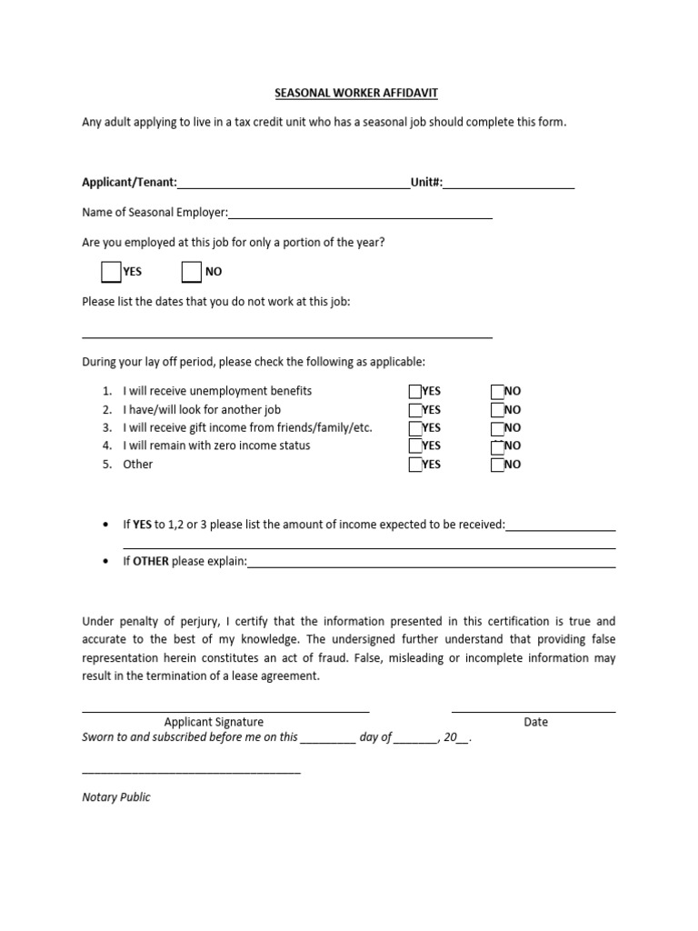 AFFIDAVIT - Seasonal Worker Affidavit | PDF