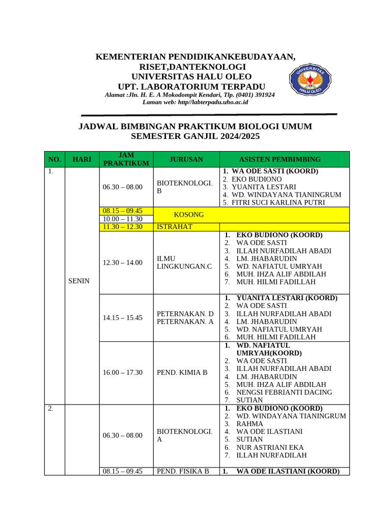 Jadwal Bimbingan Praktikum Biologi Umum-1 | PDF