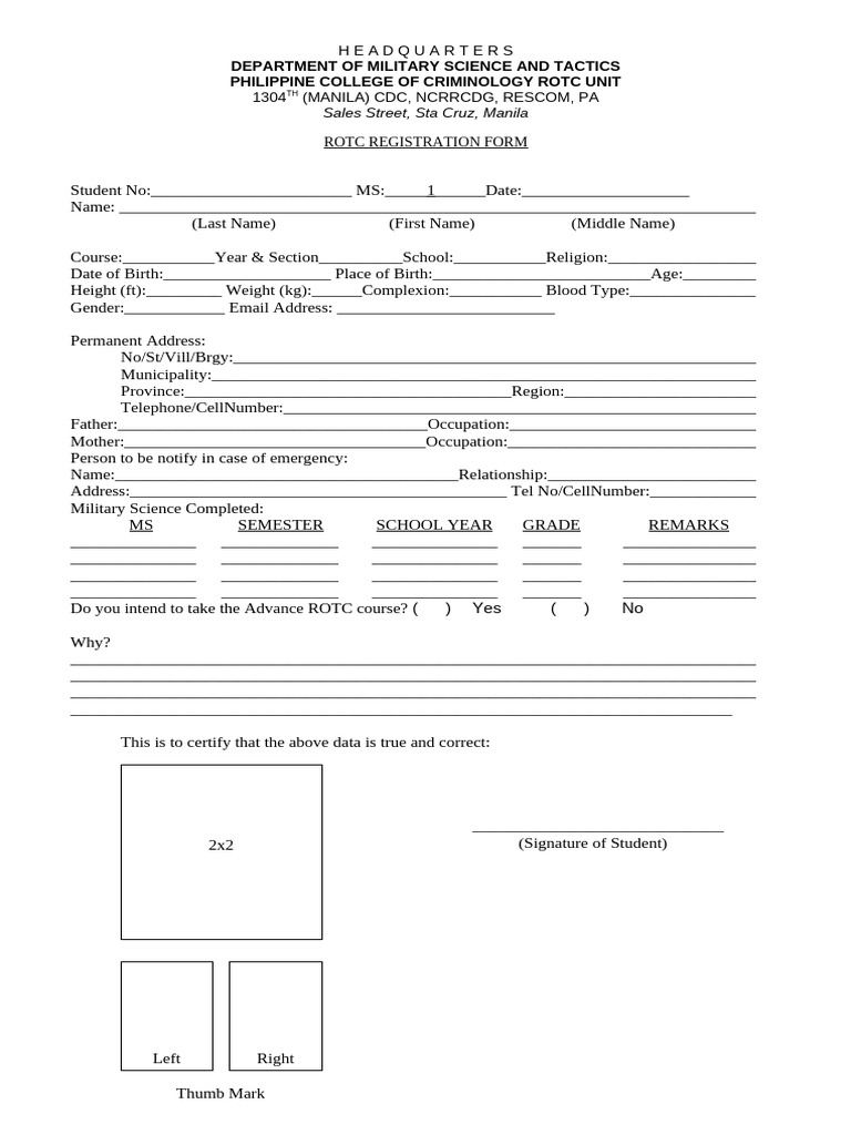 2023 Rotc Registration Form 3 | PDF