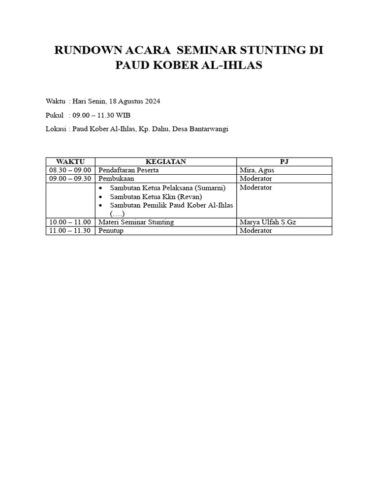 Rundown Acara Seminar Stunting Di Paud Kober Al | PDF