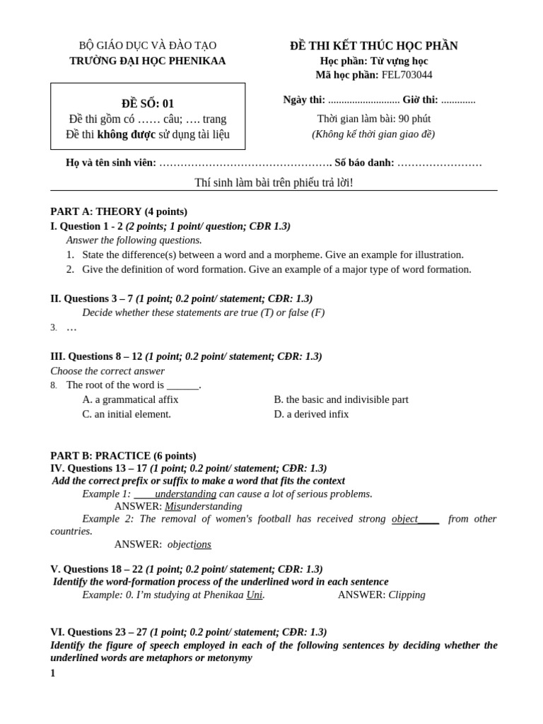Format - ĐỀ THI KTHP - TuVung TA - 2024 | PDF