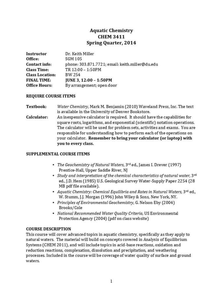 Aquatic Chemistry Course Overview | PDF | Chemical Reactions | Chemical ...