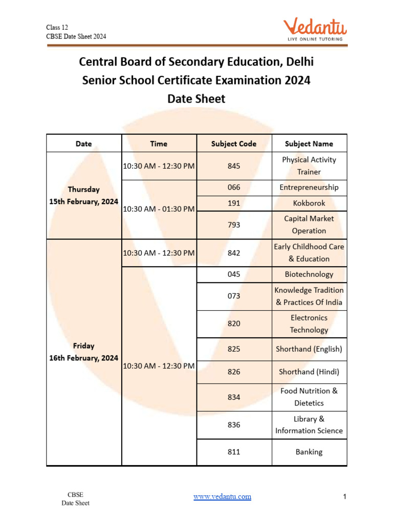 CBSE Class 12 Date Sheet (Time Table) 2024-25 - Free PDF Download | PDF