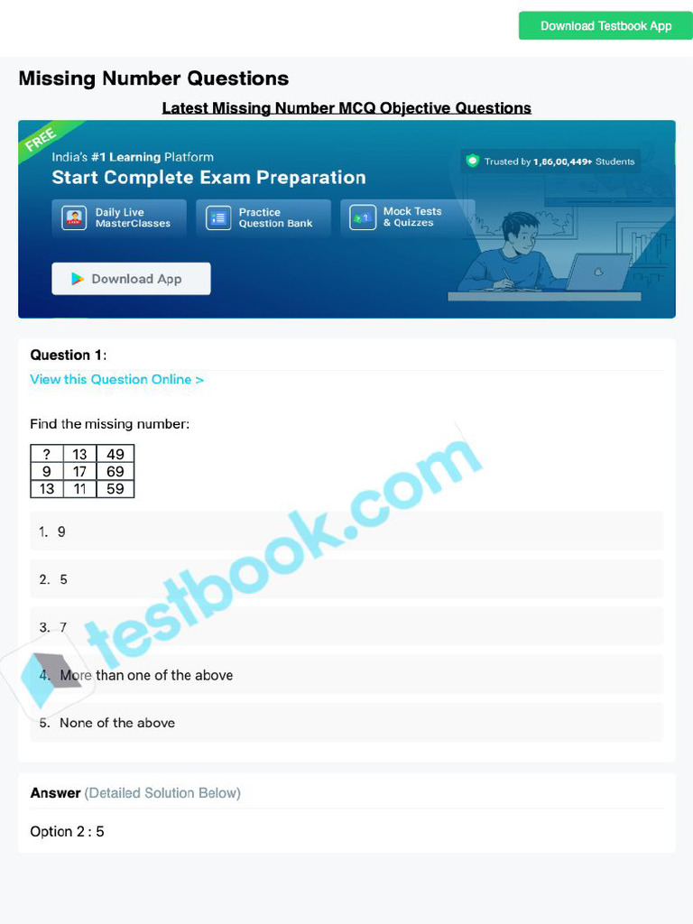 MCQ On Missing Number 5eea6a0e39140f30f369e42e | PDF