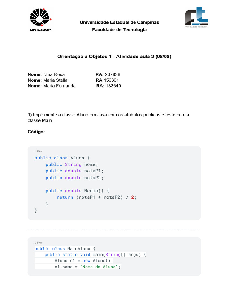 Orientação A Objetos 1 Atividade Aula 2 08 08 Pdf