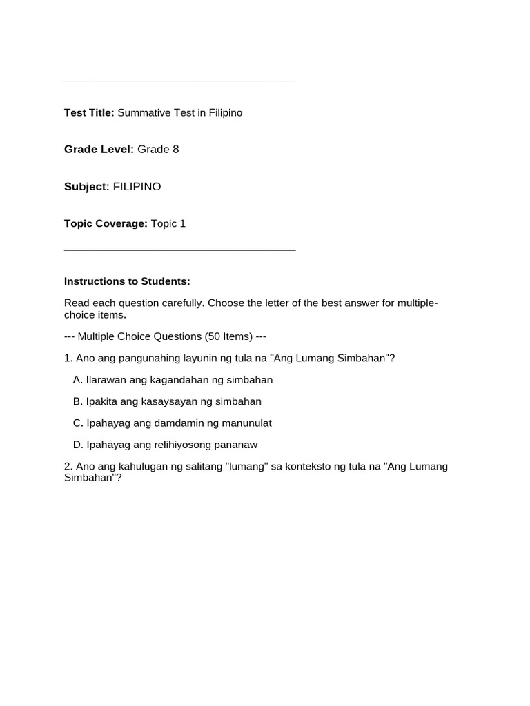 Summative - Test - FILIPINO 8 | PDF | Educational Assessment And ...