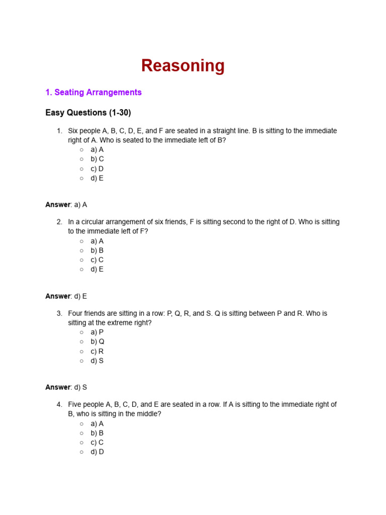 Seating Arrangement Questions and Answers | PDF