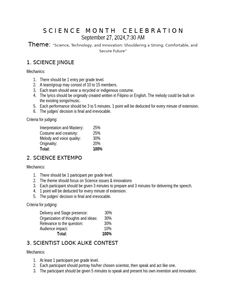 Science Month Celebration Theme:: September 27, 2024,7:30 AM | PDF ...