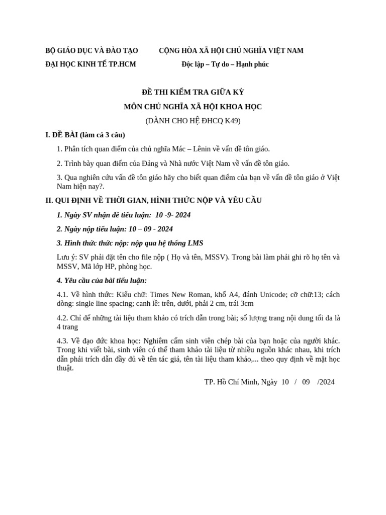 De Thi Kiem Tra Giua Ky Mon CNXHKH - K49 | PDF