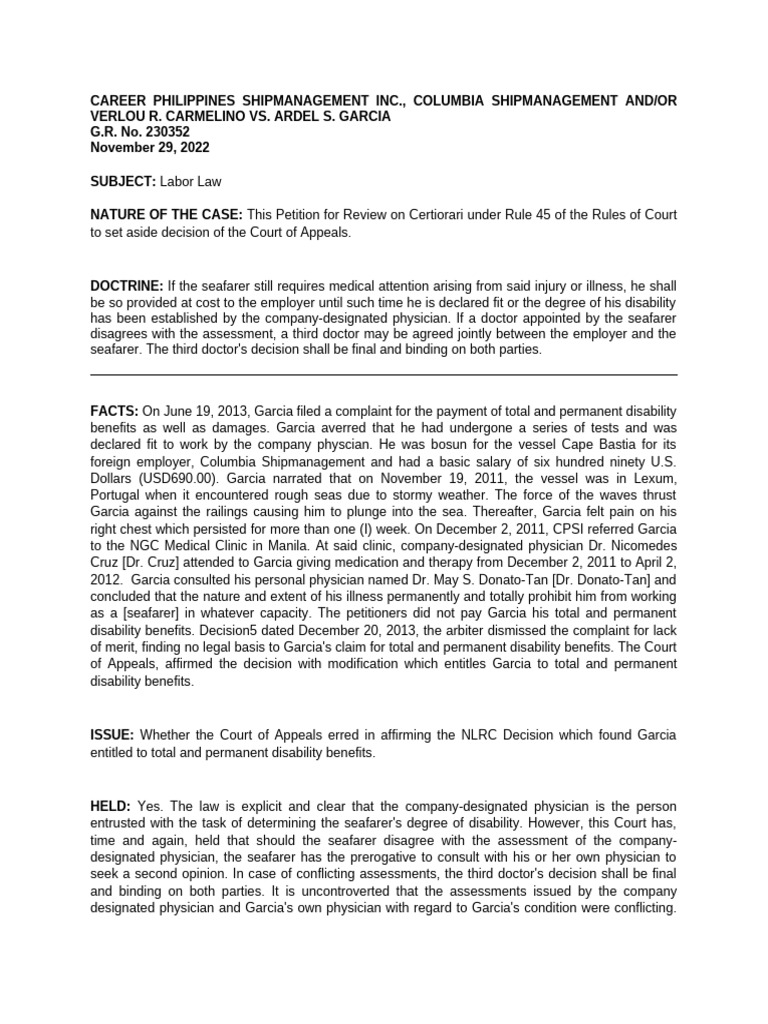 Career Philippines Shipmanagement Inc. vs. Ardel S. Garcia | PDF ...