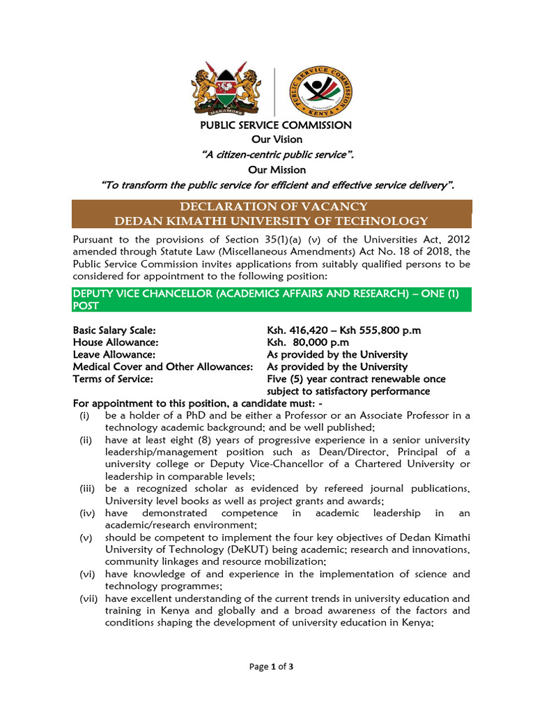 Declaration of Vacancy - DeKuT UNIVERSITY 20.8.2024a | PDF | University ...