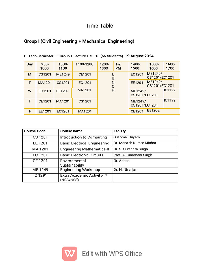 B Tech 1st Semester Time Table 2024 | PDF