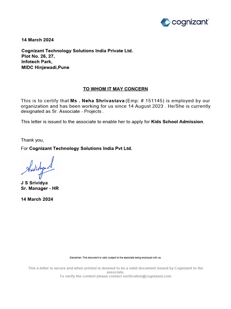 ReferenceLetter Cognizant TrishaShrivastava | PDF