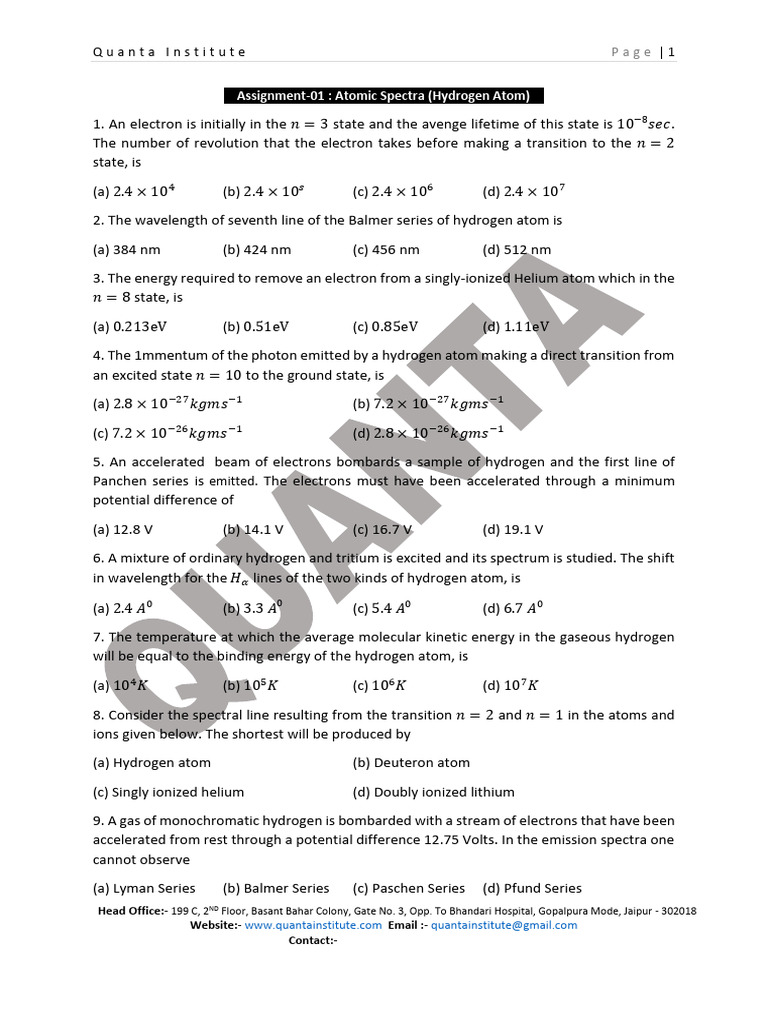 Assignment-01 Atomic Spectra (Hydrogen Atom) | PDF
