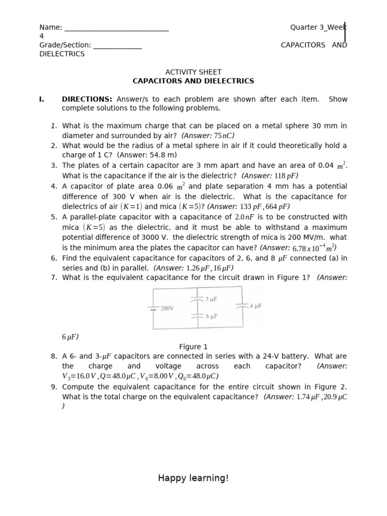 Activity Sheet Capacitors And Dielectrics Pdf