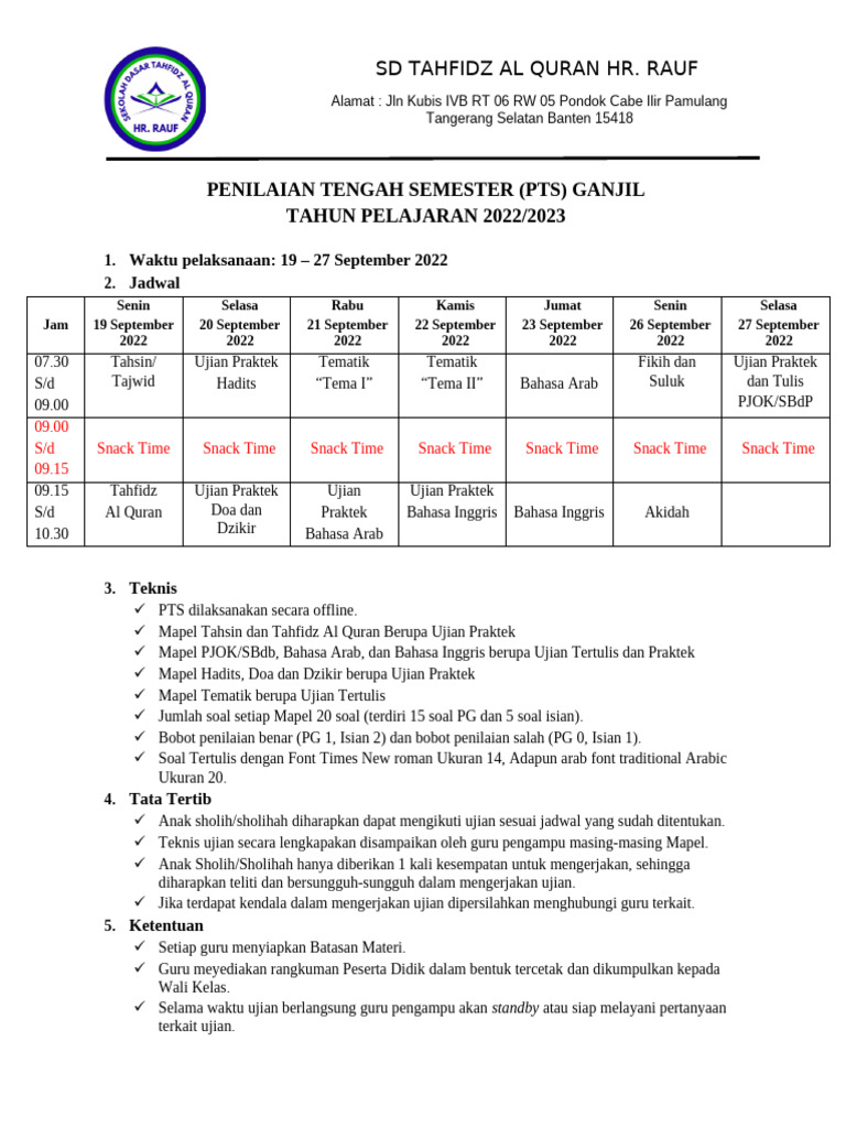 Jadwal & Ketentuan PTS GANJIL 2022-2023 | PDF