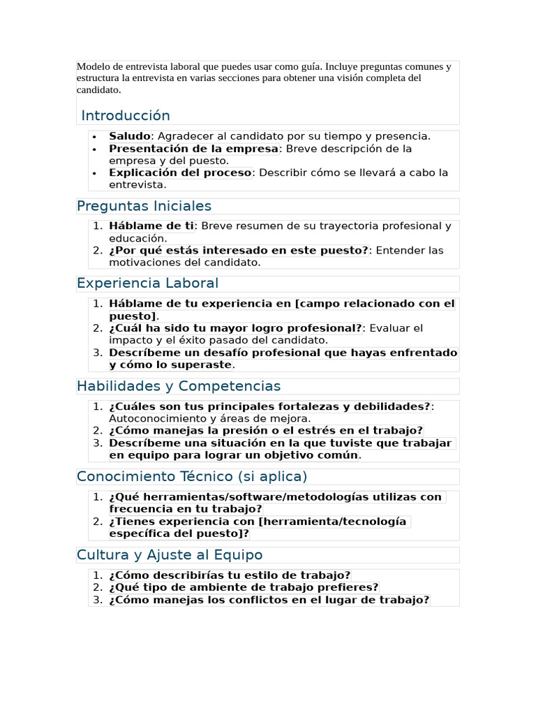 Modelo de Entrevista Laboral Completo | PDF | Crecimiento personal y ...