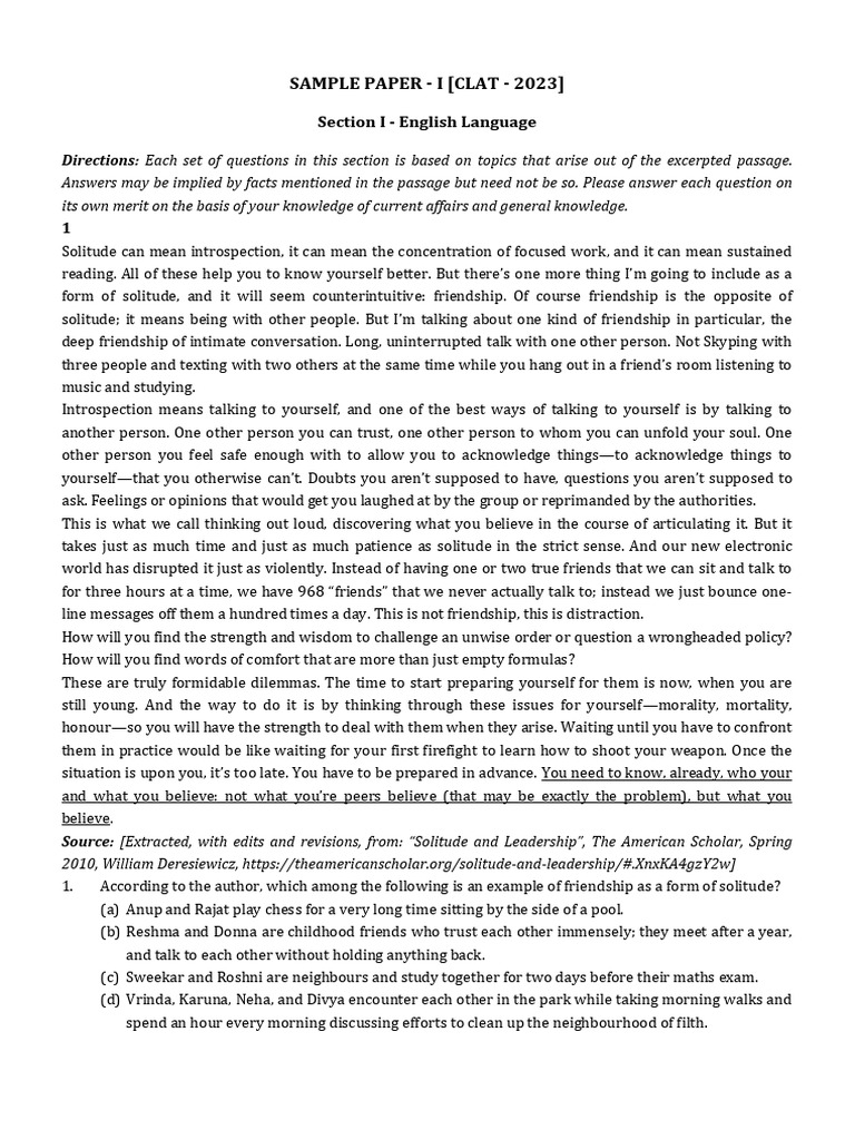 Sample Paper - I CLAT 2023 | PDF