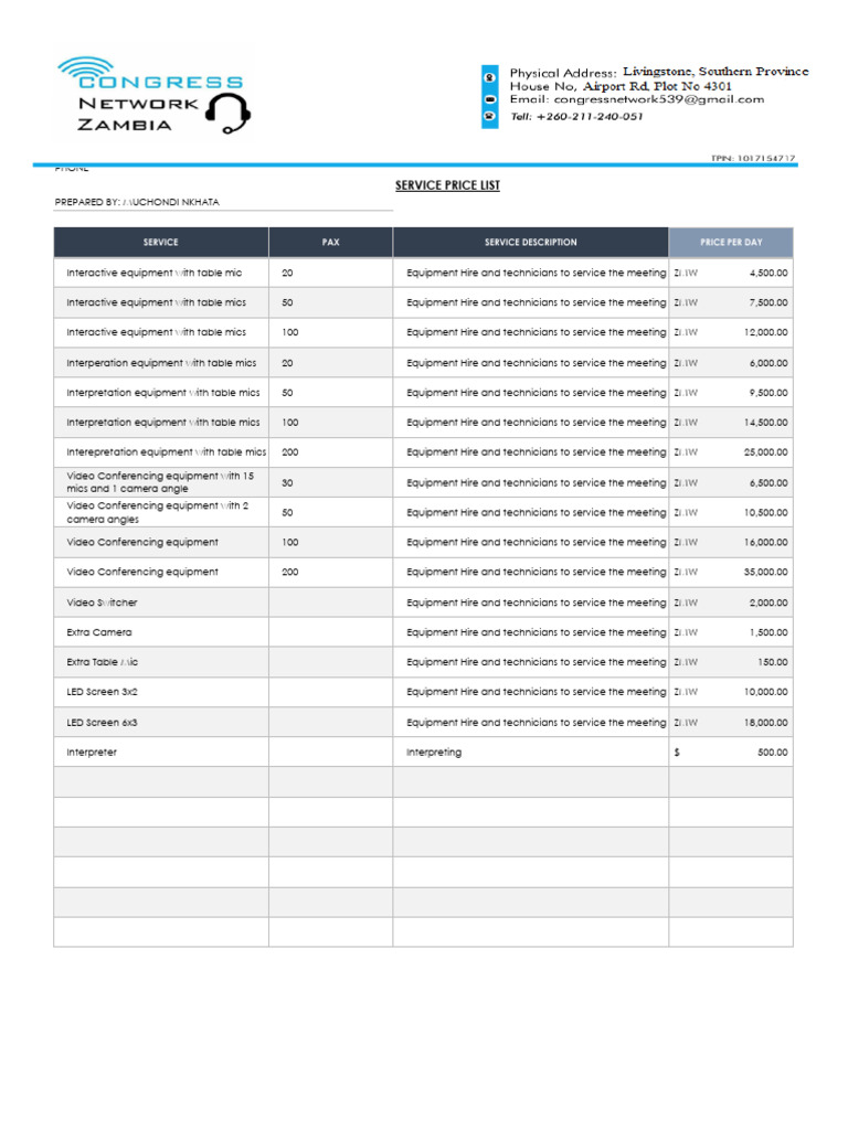 General Livingstone Congress Network Price List | PDF