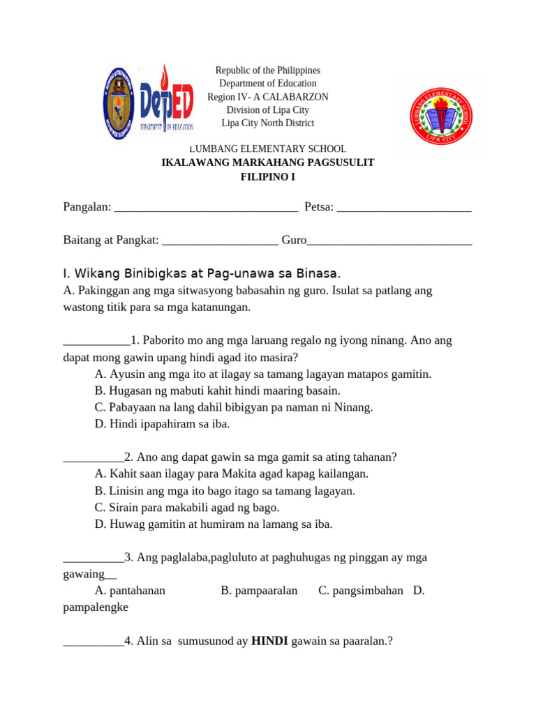 PT - Filipino 1 - Q2 | PDF