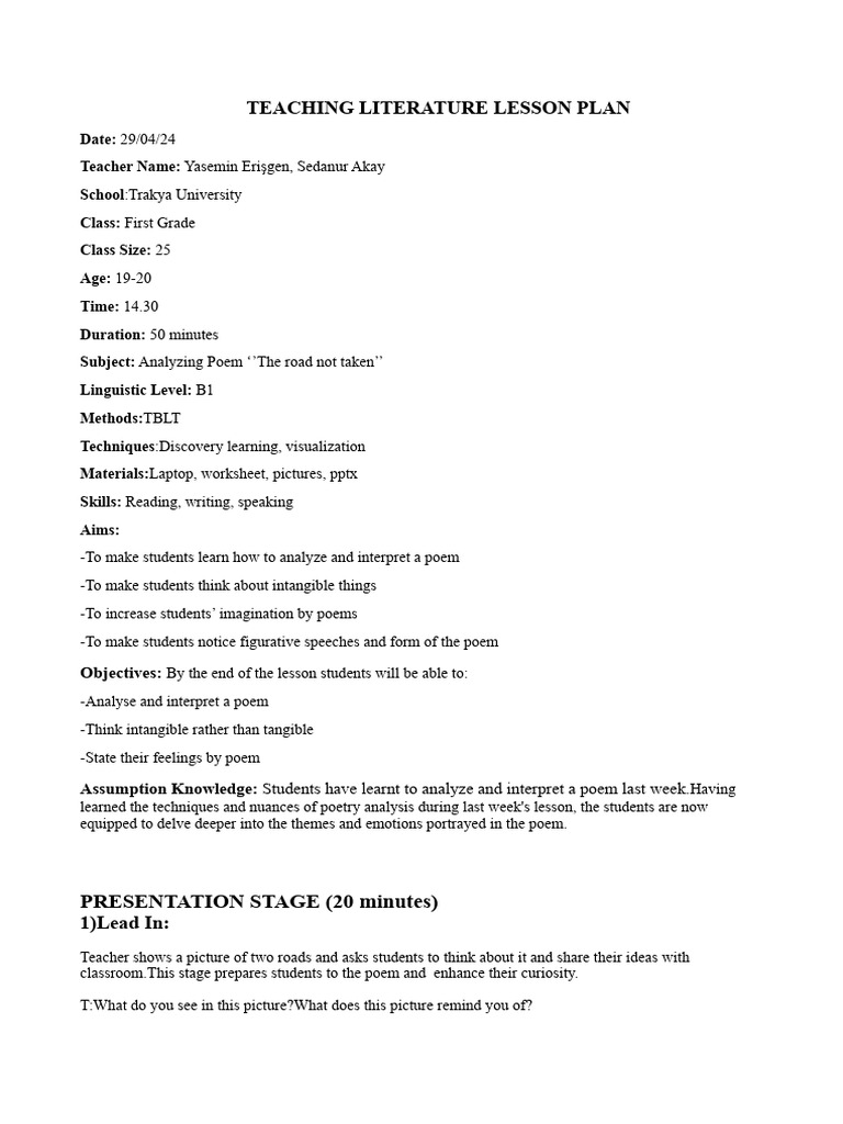 English Literature Lesson Plan Example PDF | PDF