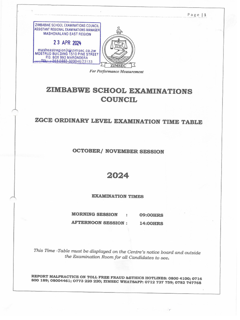ZGCE Ordinary Level Examination Time Table Nov 2024 | PDF