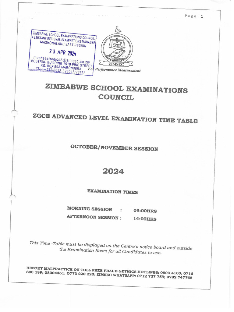 ZGCE Advanced Level Examination Time Table Nov 2024 | PDF