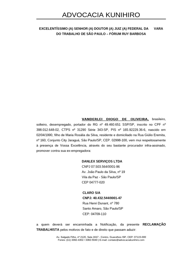 Inicial Vanderlei Diogo X Danlex | PDF | Hora extra | Férias trabalhistas