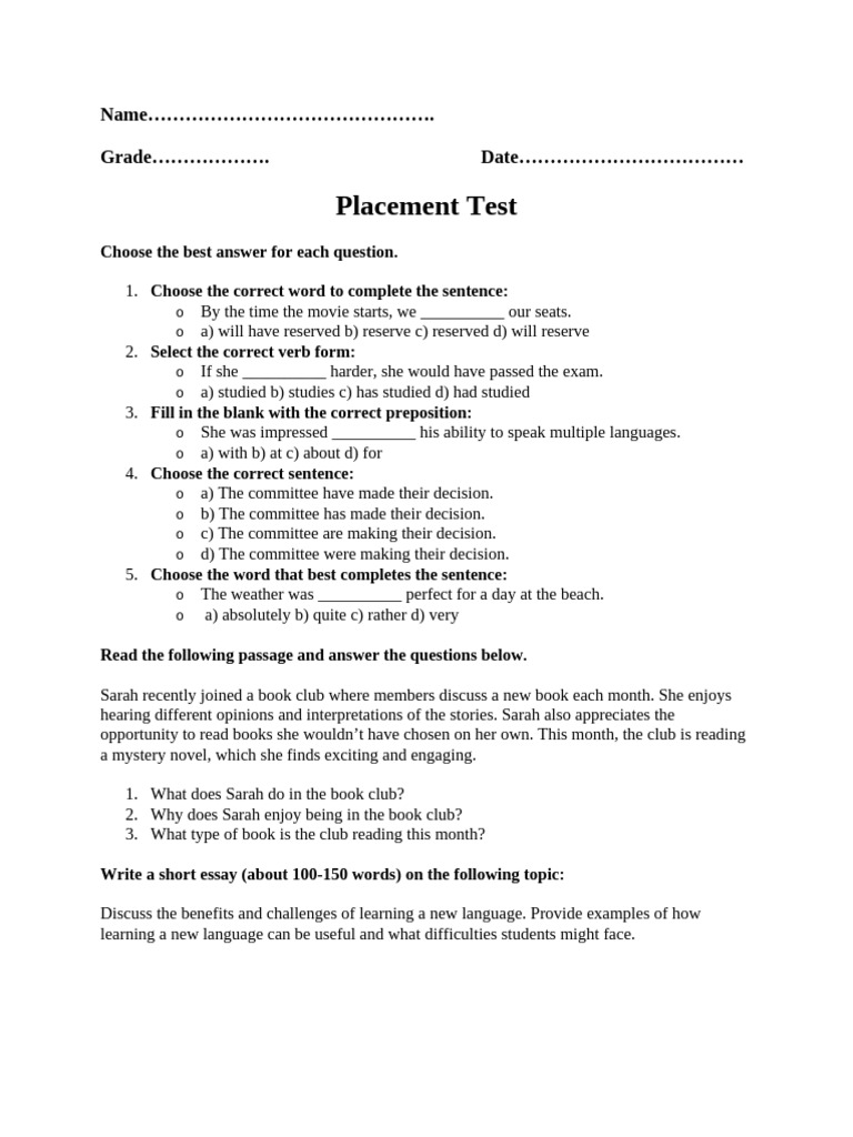 Placement Test 9 TH Grade 2 | PDF