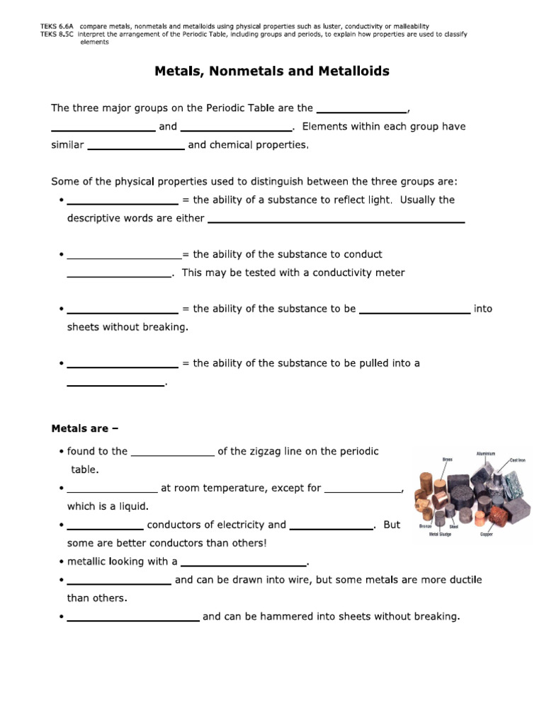 Metals Non Metals Metalloids Worksheet | PDF