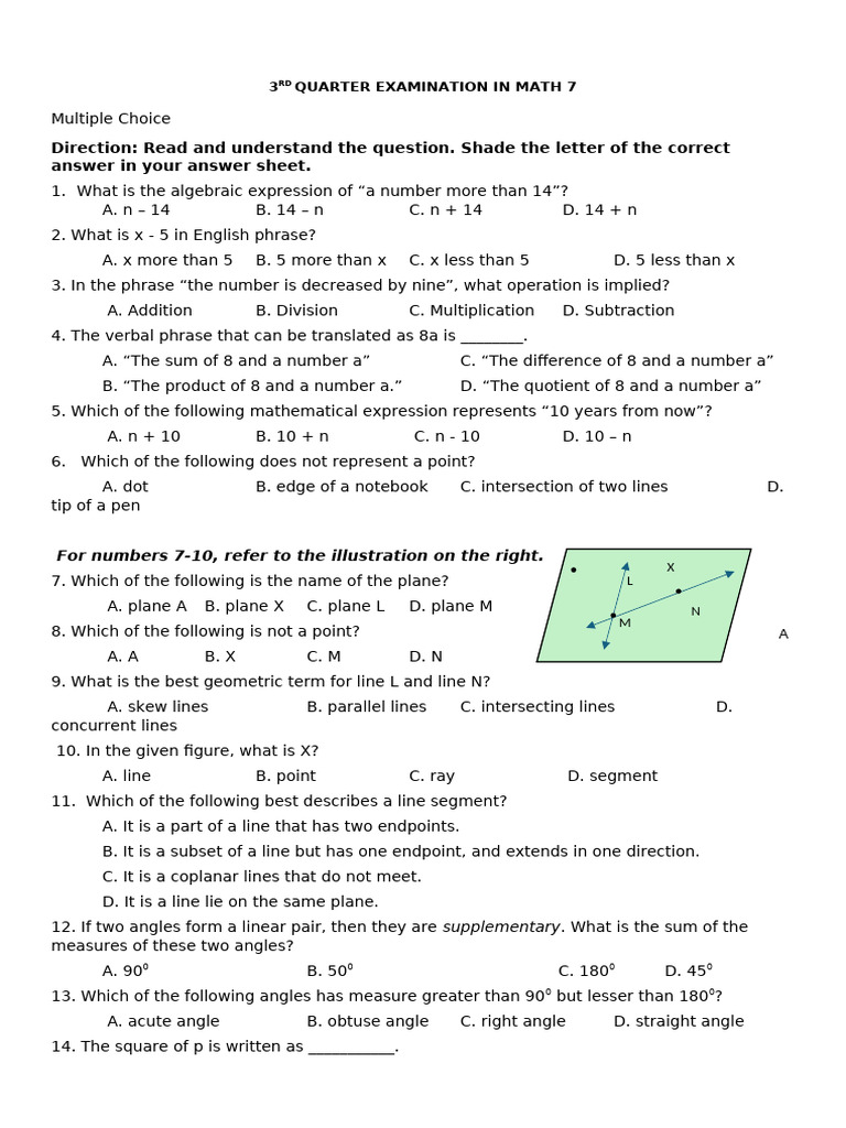 Math 7 3rd Quarter Exam Questions | PDF | Line (Geometry) | Perpendicular