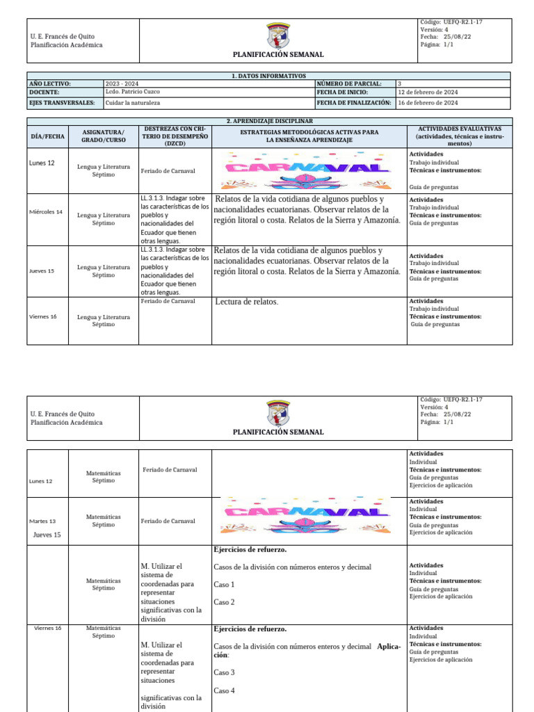 Plan Semanal 7b Del 12 Al 16 de Febrero 24 | PDF