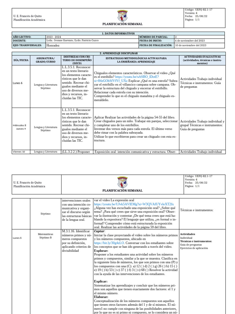 Plan Semanal 7b Del 6 Al 10 de Nov23 | PDF