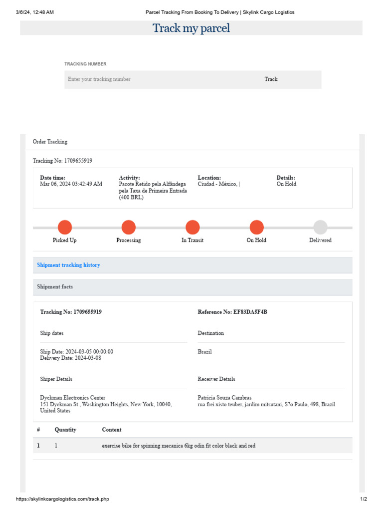 Parcel Tracking From Booking To Delivery - Skylink Cargo Logistics | PDF
